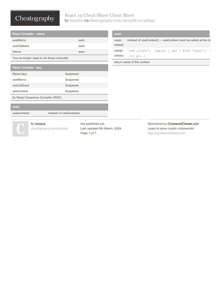 Tonylua React 19 Cheat Sheet | PDF