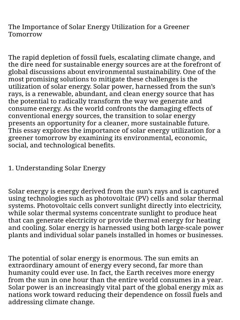 Importance of Solar Energy Utilization For A Greener Tomorrow | PDF ...