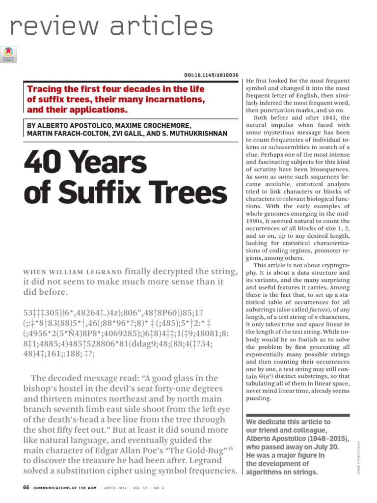 40 Years of Suffix Trees | PDF | String (Computer Science) | Theoretical Computer Science