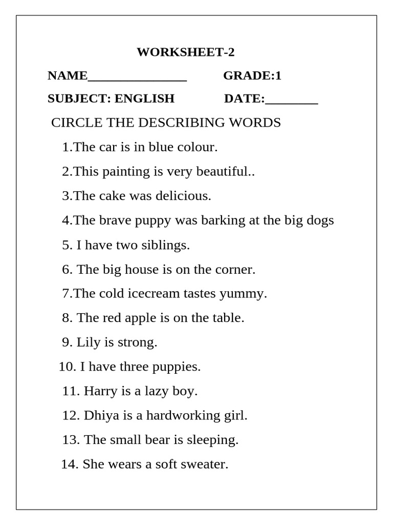 Describing Words Worksheet for Grade 1 | PDF