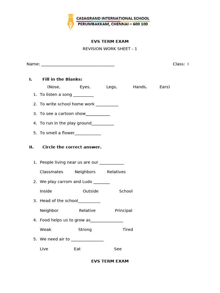EVS Term Exam Revision Worksheet | PDF