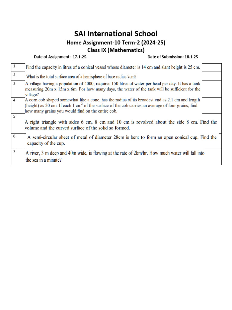 IX Math HA-10 Term-2 (17.1.2025) | PDF