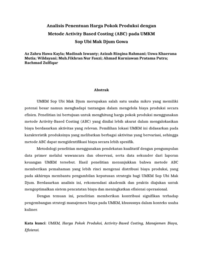 Akuntansi Biaya Observasi UMKM Metode ABC | PDF
