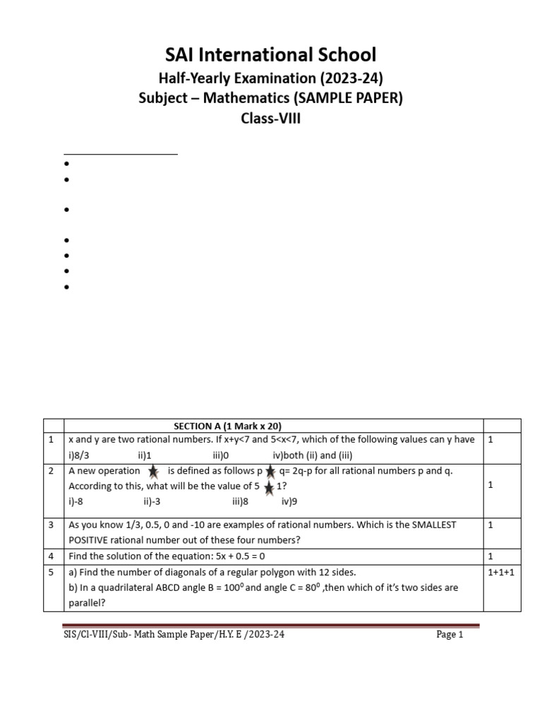 CL8 MathHY Sample Paper 202324 1 | PDF | Mathematics