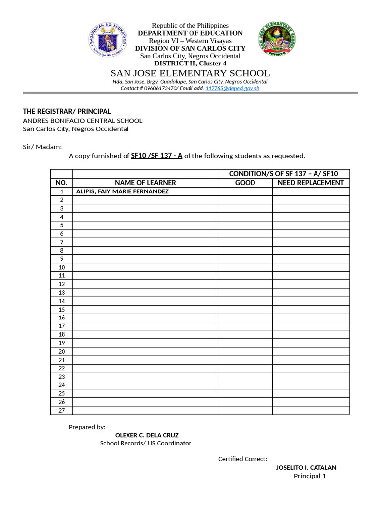 Answer of SF10 Request Julio Ledezma NHS Transmital | PDF