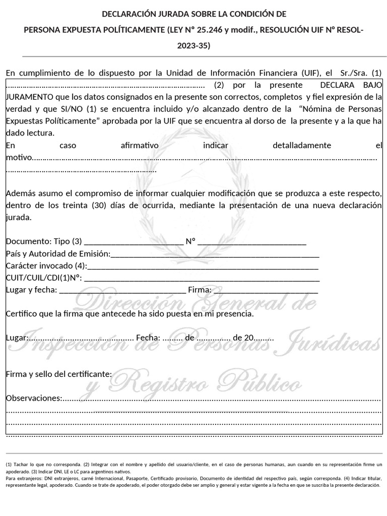 Declaracion Jurada Persona Politicamente Expuesta | PDF | Documento de identidad | Ministerio ...