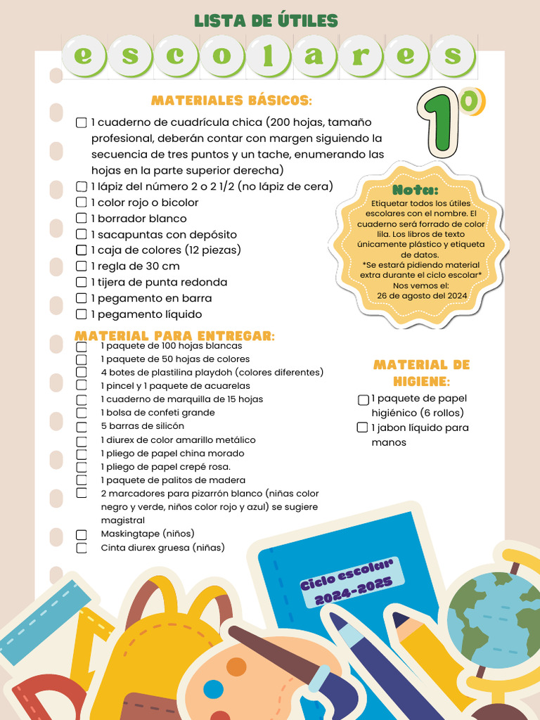 Lista de materiales escolares stickers cafe y amarillo.pdf | PDF