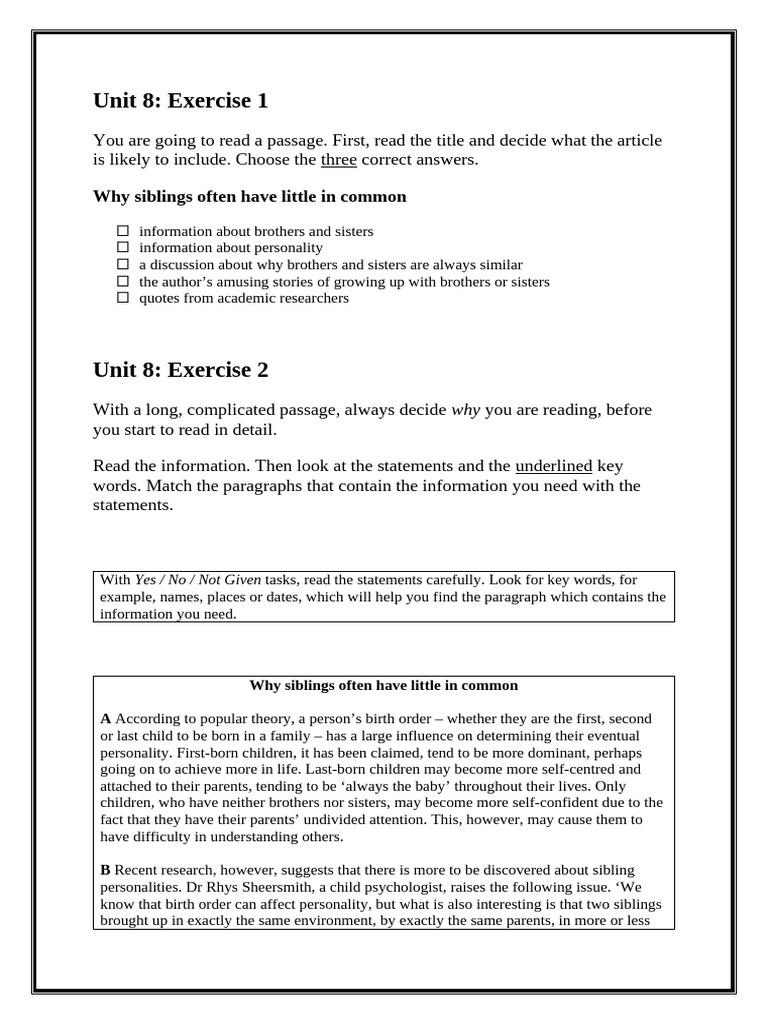 Unit 8: Exercise 1: Why Siblings Often Have Little in Common | PDF | Sibling | Parent