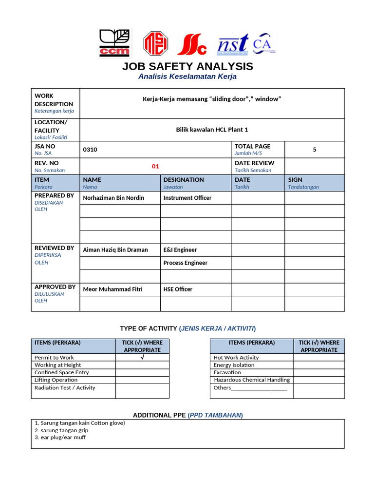JSA Template For Sliding Door | PDF