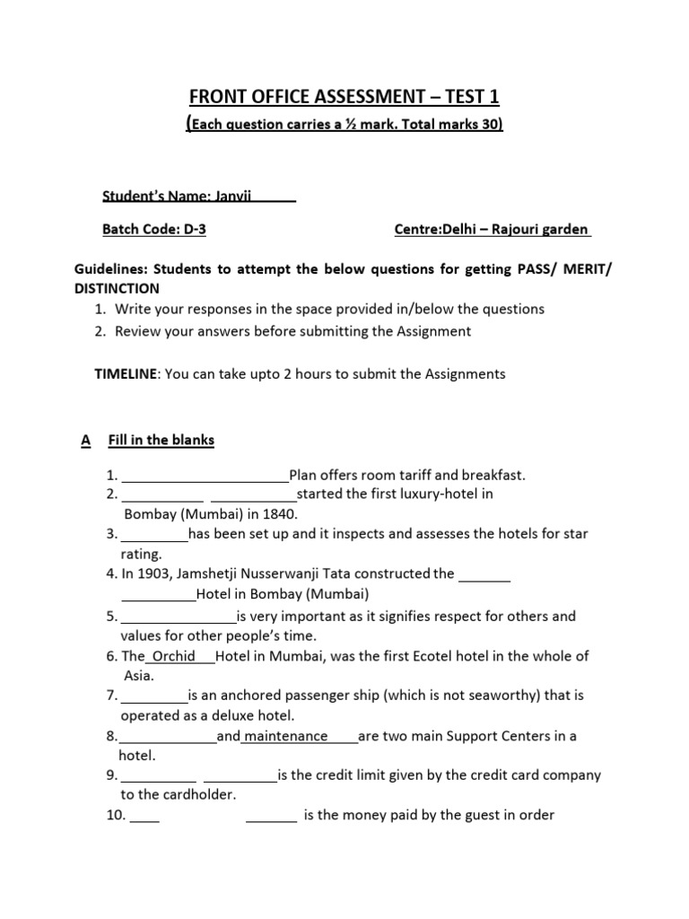 Front Office Assessment Test 1 | PDF | Hotel | Payments
