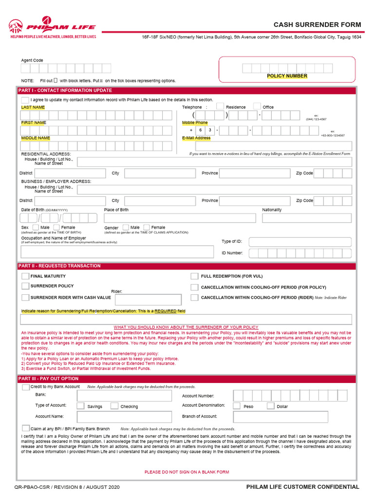 Philam Life Cash Surrender Form | PDF | Insurance | Banks