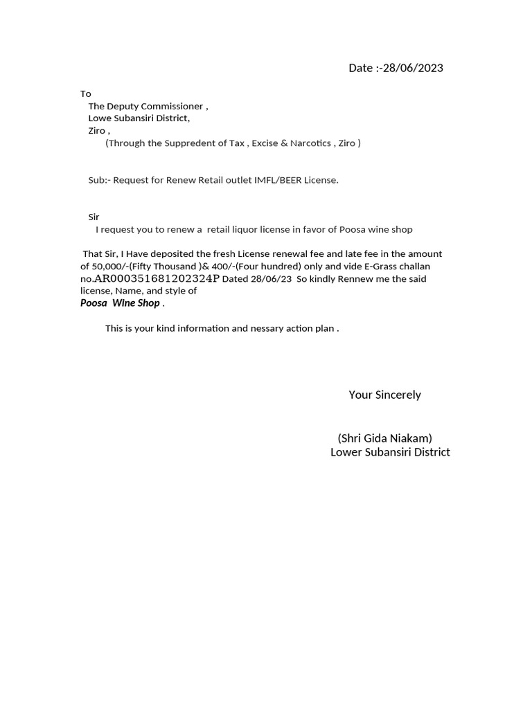 Poosa Wine Shop License Renewal Request | PDF