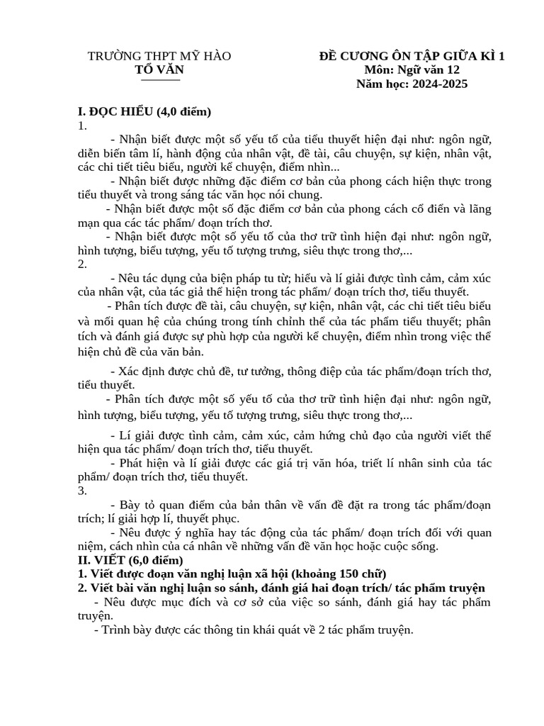 ĐỀ CƯƠNG ÔN TẬP VĂN 12, GK1 | PDF