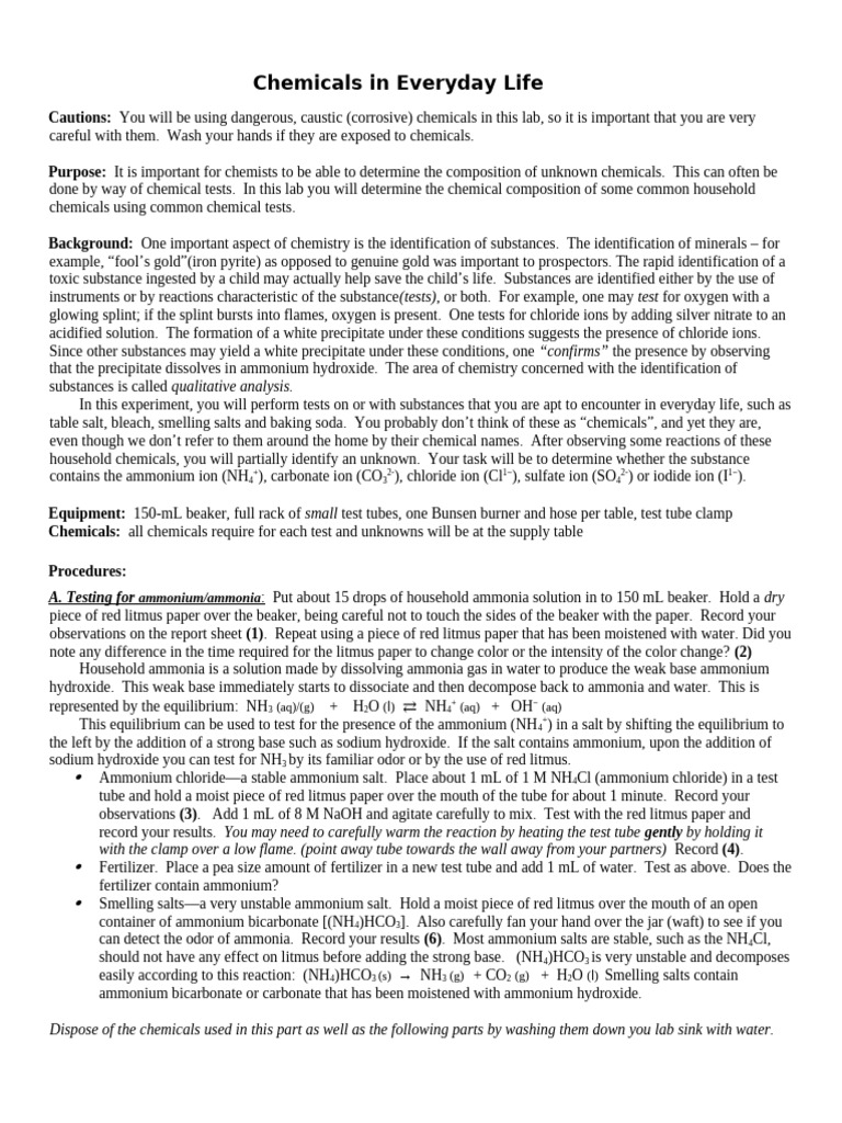 Identifying Household Chemicals Safely | PDF | Ammonium | Salt (Chemistry)