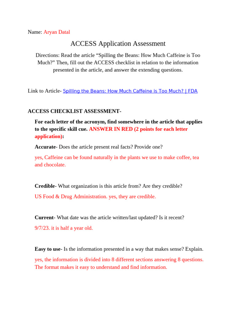 Caffeine Article ACCESS Assessment Guide | PDF