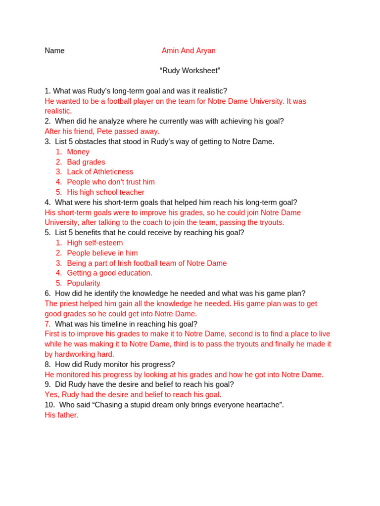Rudy Worksheet | PDF