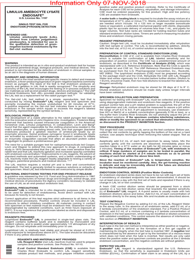 LAL-Reagent Endosafe Single Test Vials | PDF | Lipopolysaccharide | Ph