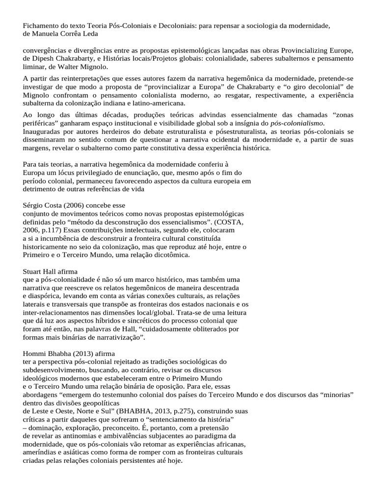 Fichamento do texto Teoria Pós-Coloniais e Decoloniais para repensar a sociologia da modernidade ...