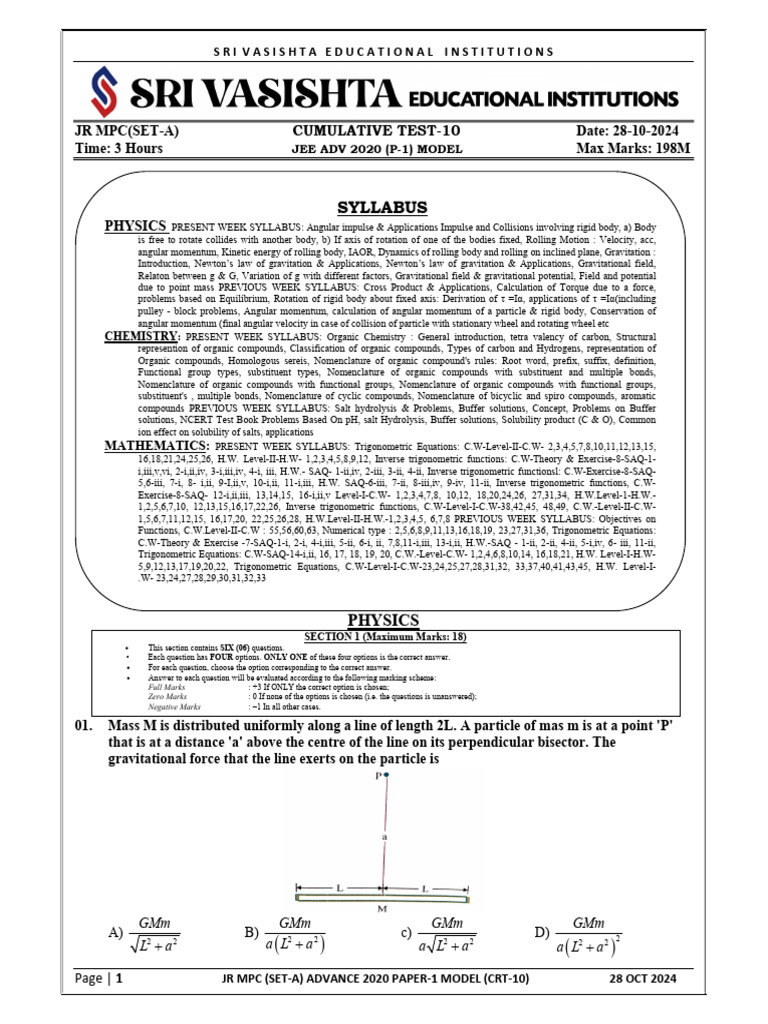 JR MPC (Set-A) - Adv Model (2020 P1) CRT-10 - Ex DT - 28-10-2024 - QP | PDF | Angular Momentum ...