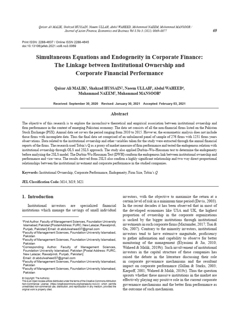 Simultaneous Equations and Endogeneity in Corporate Finance - The Linkage Between Institutional ...