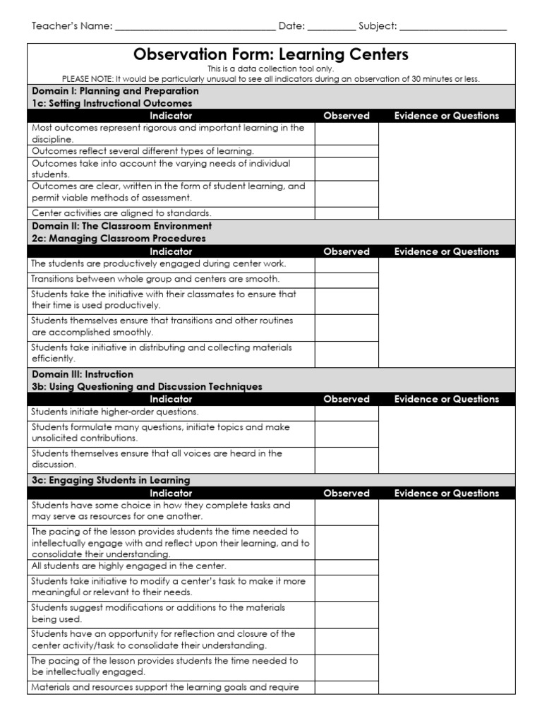 Learning Centers Observation Form | PDF | Learning | Teachers