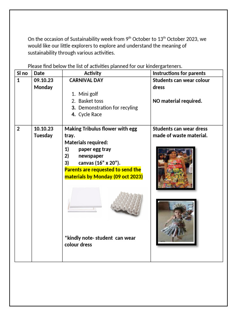 Kindergarten Sustainability Week Activities | PDF