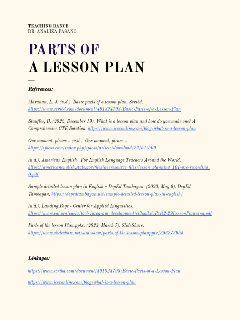 Dance Lesson Plan Components Guide | PDF | Lesson Plan | Applied ...