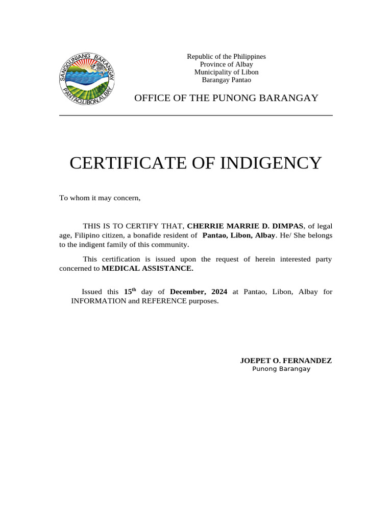 Blood Chem Cert Indigency | PDF | Philippines | Cultural Globalization