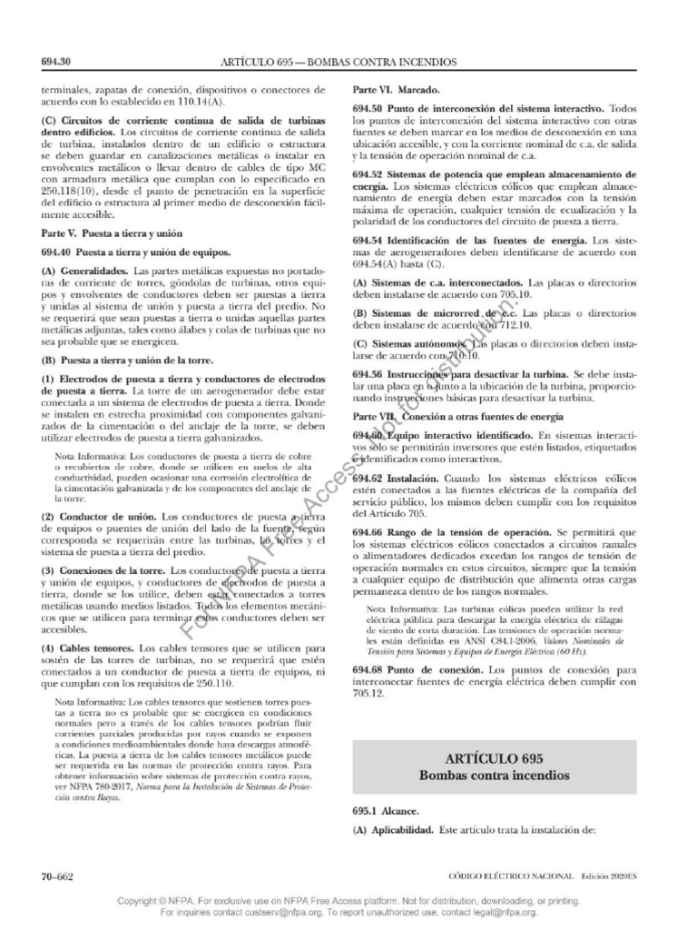 NFPA 70 2020 ESPAÑOL RESUMEN BOMBAS DE INCENDIO | PDF
