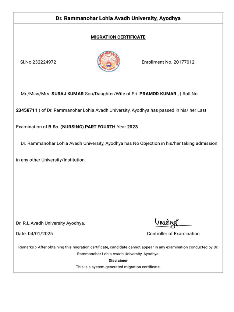 RMLAU Migration Certificate Details | PDF