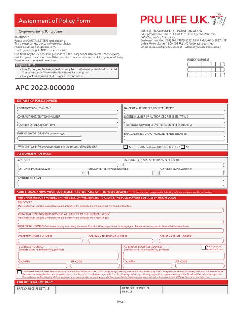 2022 - Assignment of Policy Form For Corporate Entity PO FILLABLE v2 ...
