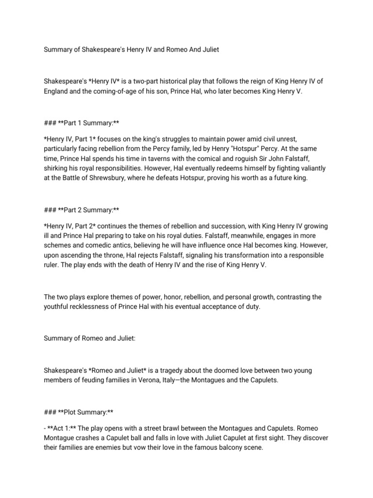 Summary of Henry IV and Romeo and Juliet | PDF | Henry Iv, Part 1 ...