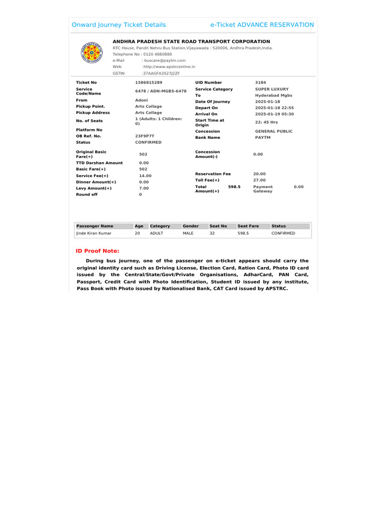 APSRTC Bus Ticket: Adoni to Hyderabad | PDF | Ticket (Admission) | Fare