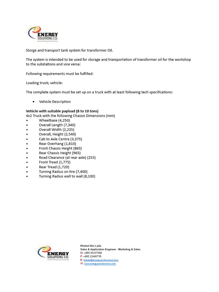 RFQ Storge and Transport Tank System For Transformer Oil - Kia | PDF