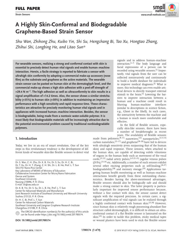 A Highly Skin-Conformal and Biodegradable Graphene-Based Strain Sensor ...