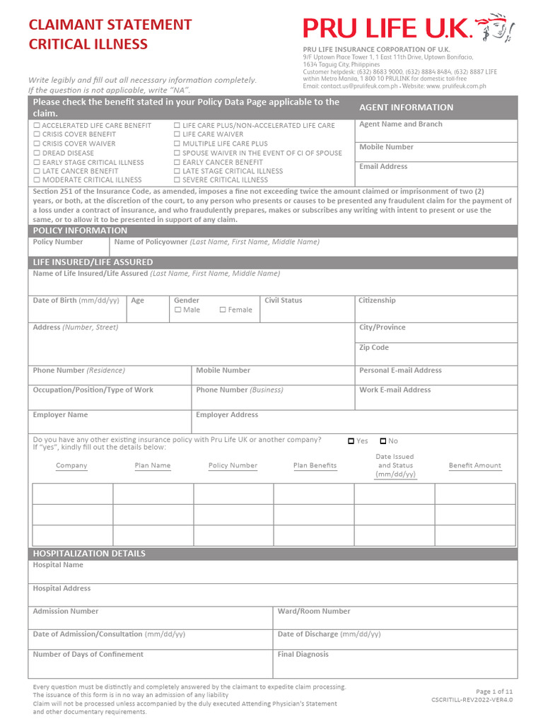 Claimant-Statement-Critical-Illness_041222 | PDF | Neurology | Cardiology