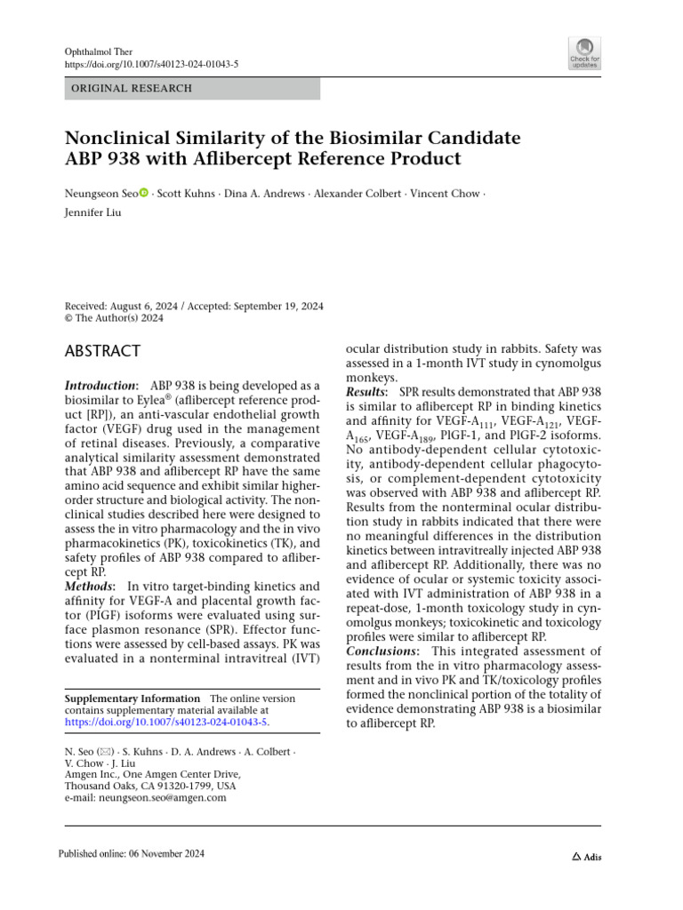 ABP 938: Nonclinical Similarity to Aflibercept | PDF | Vascular ...