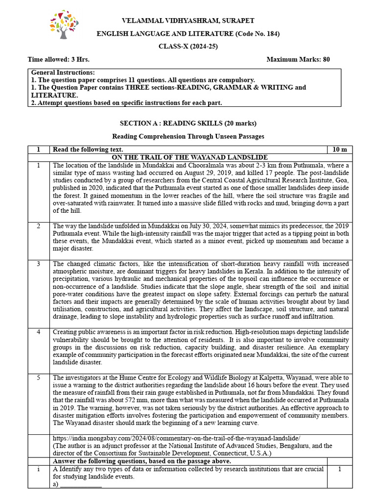 4. TILAK-Grade 10 - Question Paper Ms. Kavitha (2) | PDF | Landslide | Rain