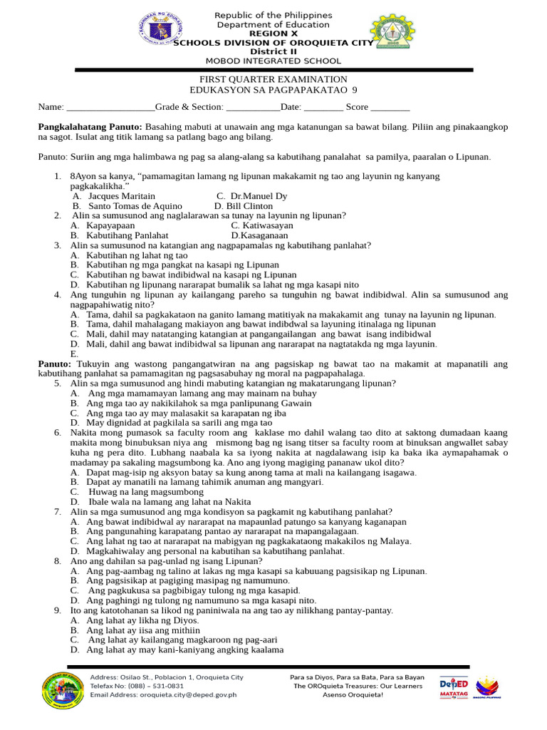 q1-TQ - ESP 9 - Exam | PDF