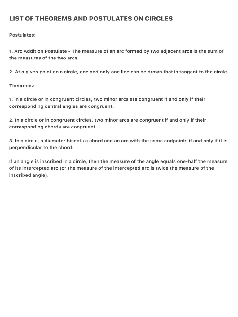 List of Theorems and Postulates On Circles | PDF | Circle | Perpendicular