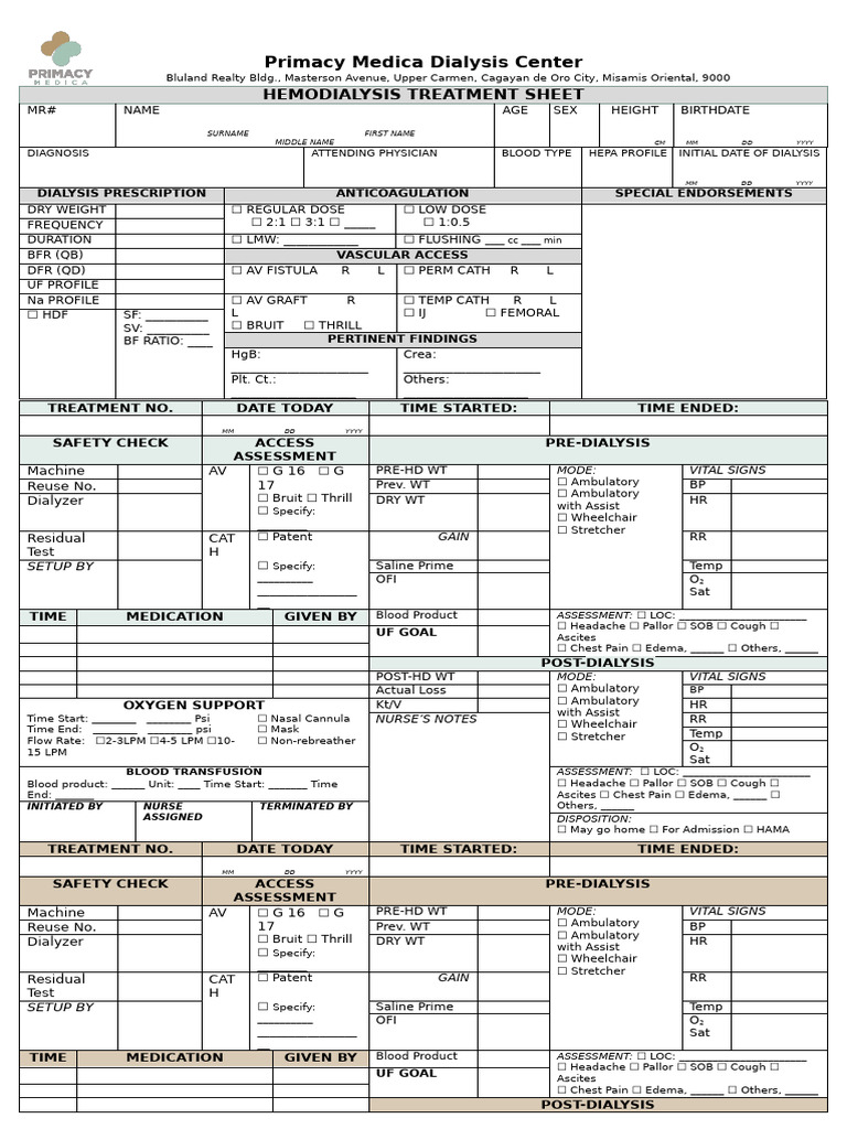 HD Treatment Sheet VER 4 Diff Color | PDF | Hemodialysis | Diseases And ...