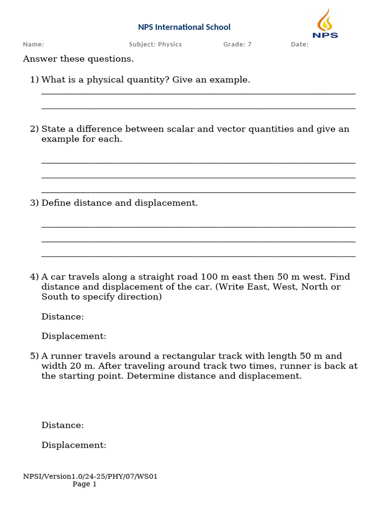 Grade 7 Physics Worksheet 1 | PDF