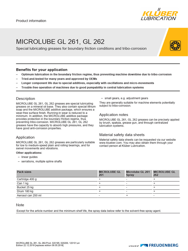 Klueber Microlube GL 261 Special Lubricating Grease Datasheet | PDF ...