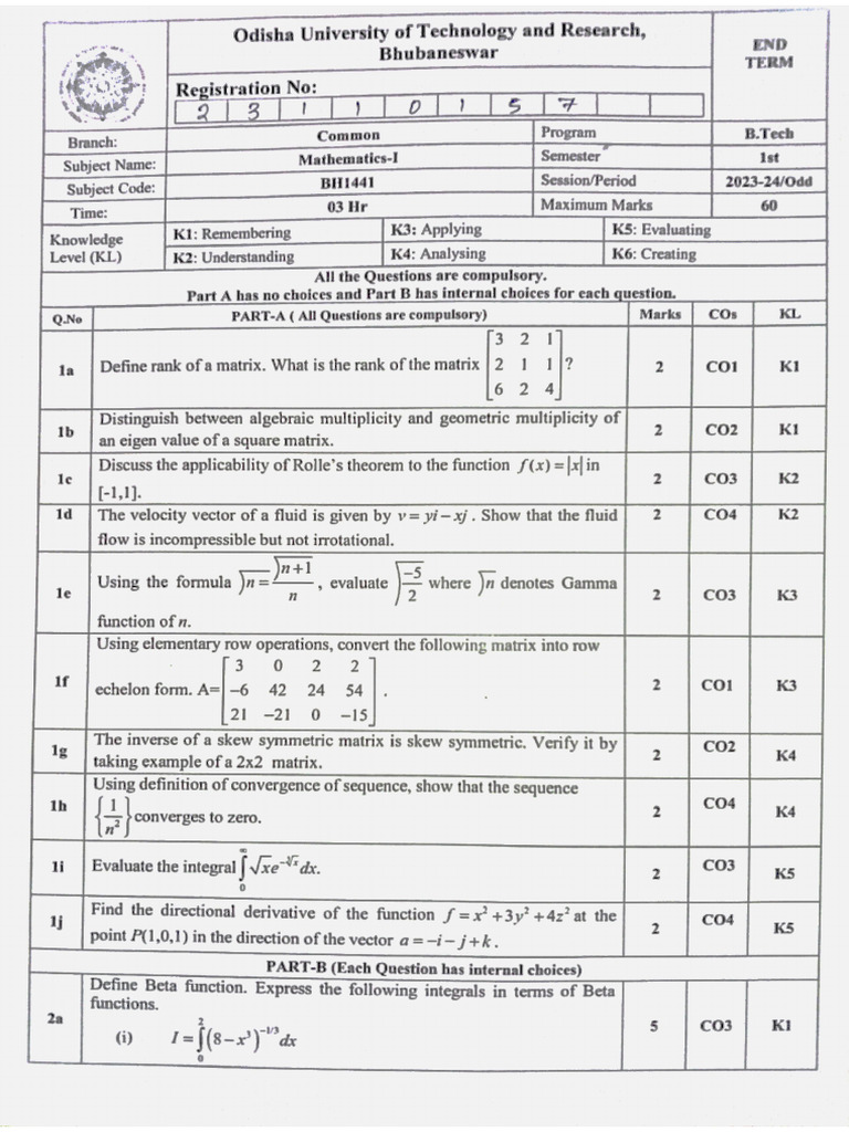 1st Sem Questions Paper (2023-24) | PDF