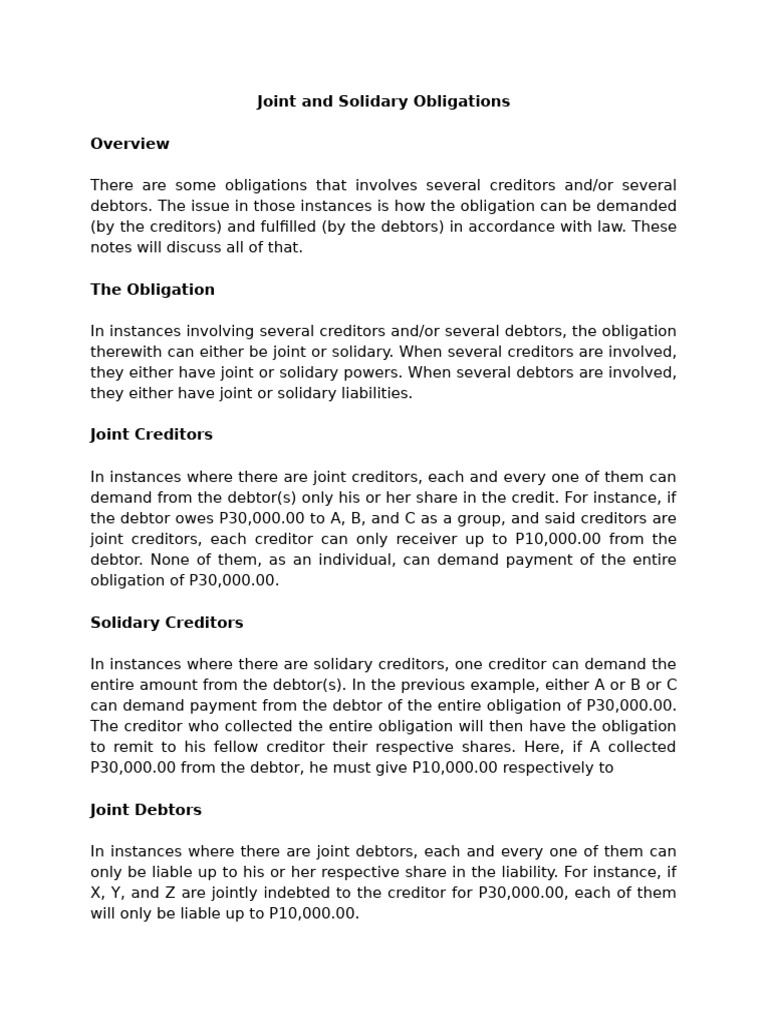 Notes On Joint and Solidary Obligations | PDF | Partnership | Debtor