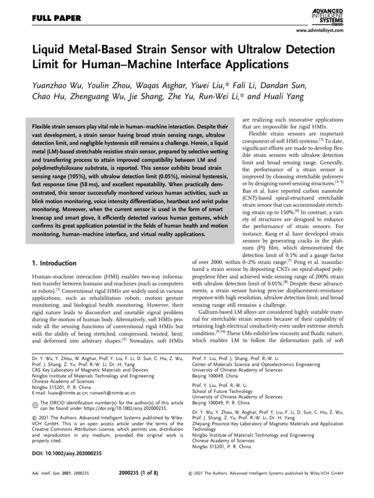 Liquid Metal-Based Strain Sensor with Ultralow Detection Limit for Human–Machine Interface ...