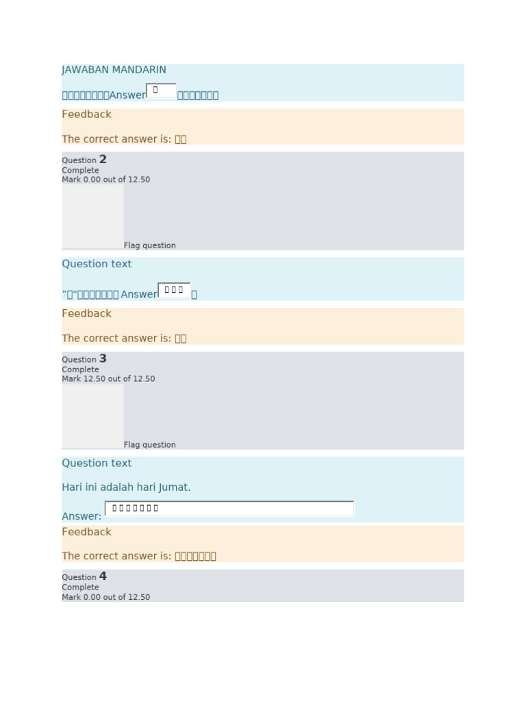 Mandarin Language Quiz Answers | PDF