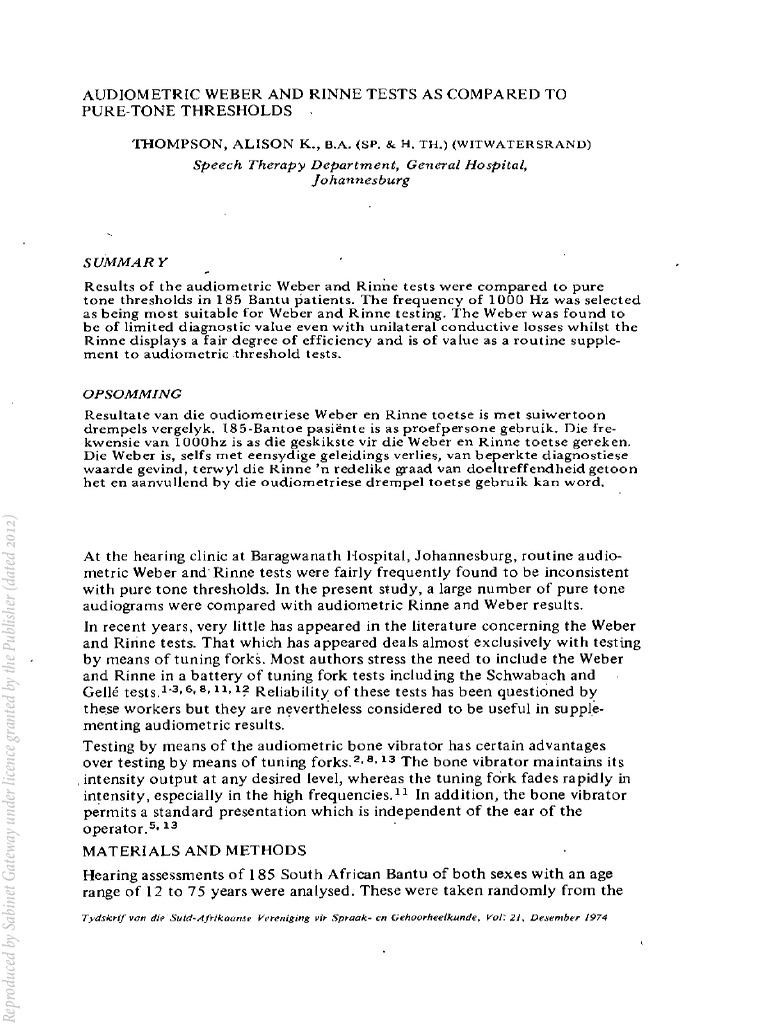 Audiometric Weber and Rinne Tests As Compared To P | PDF | Hearing ...