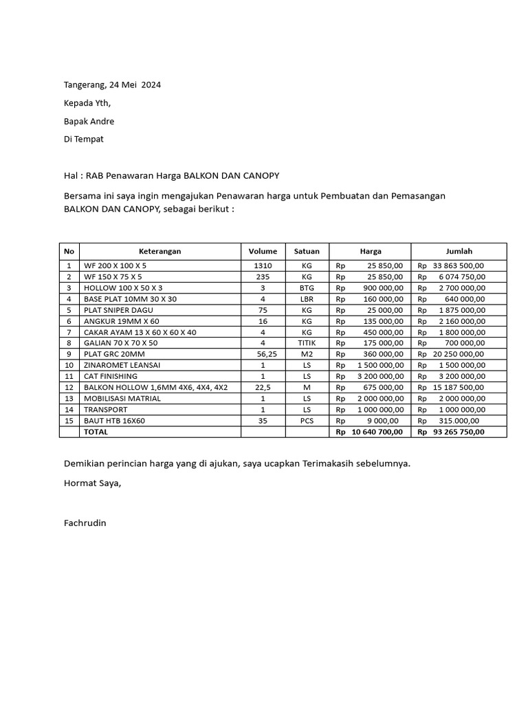 Penawaran Harga Balkon dan Canopy 2024 | PDF