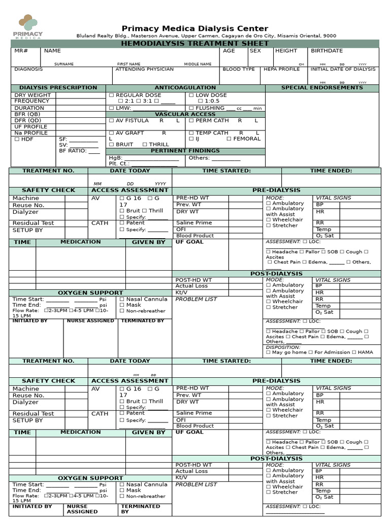 HD Treatment sheet VER 4 | PDF | Hemodialysis | Medical Procedures